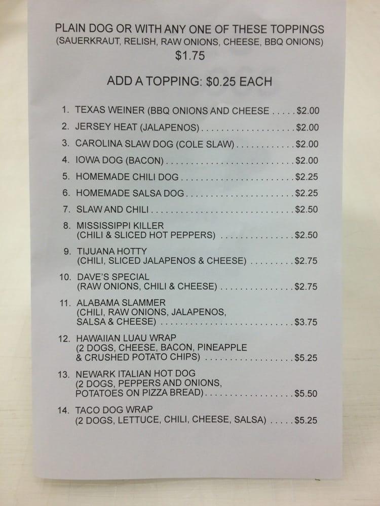 Menu at Dave's Hot Dogs restaurant, South Amboy, 323 S Pine Ave