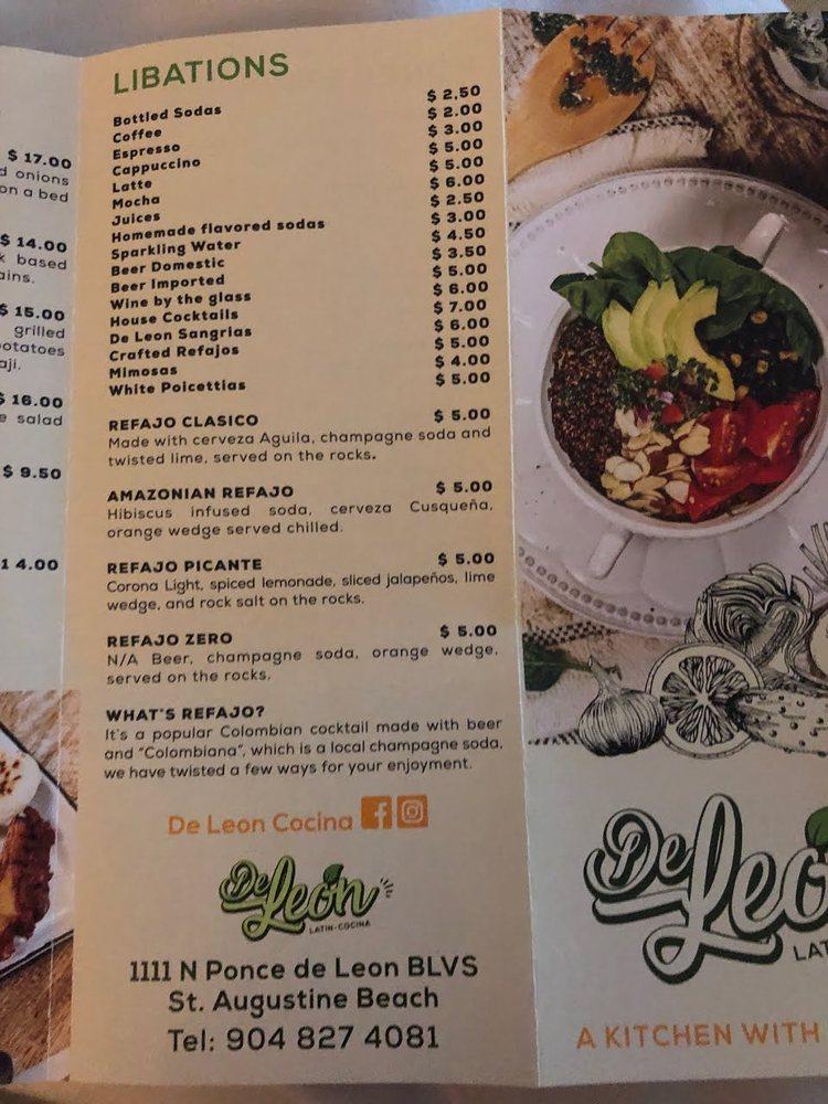 Menu at De Leon Latin Cocina restaurant, St. Augustine