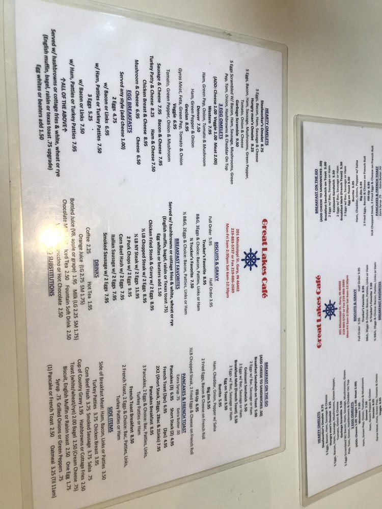Menu at Great Lakes Cafe, Gary