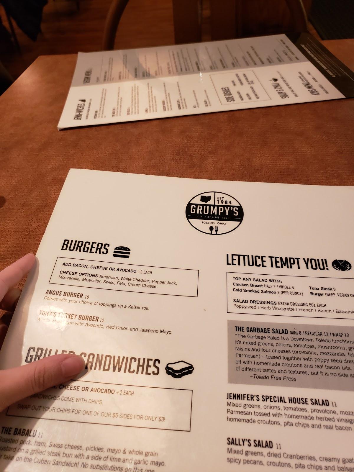 Menu at Grumpy's Toledo restaurant, Toledo