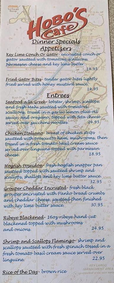 Menu at Hobo's Cafe, Key Largo, Overseas Hwy