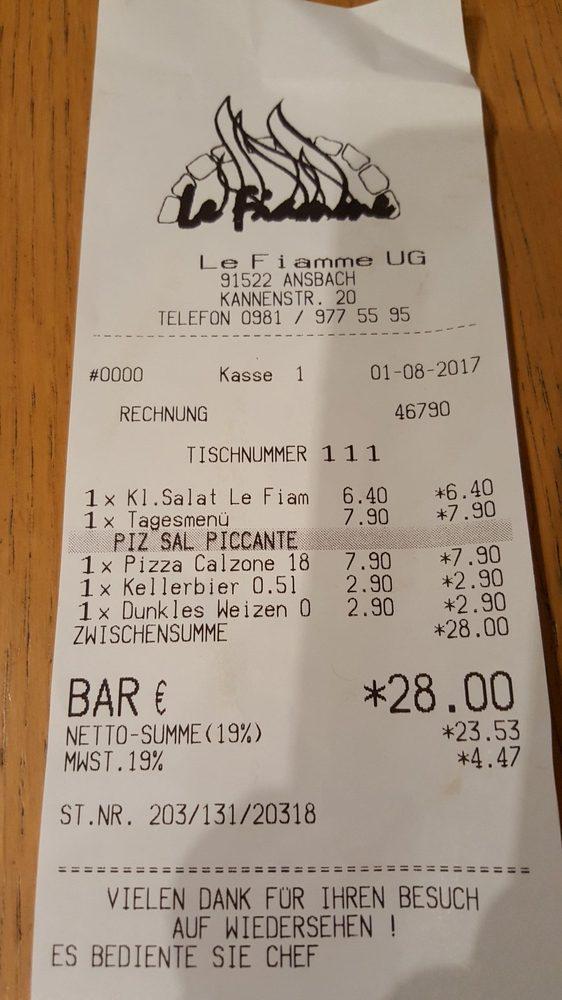 Speisekarte von Le Fiamme restaurant, Ansbach