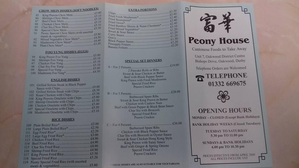 Menu at Peony House fast food, Derby, Unit 7