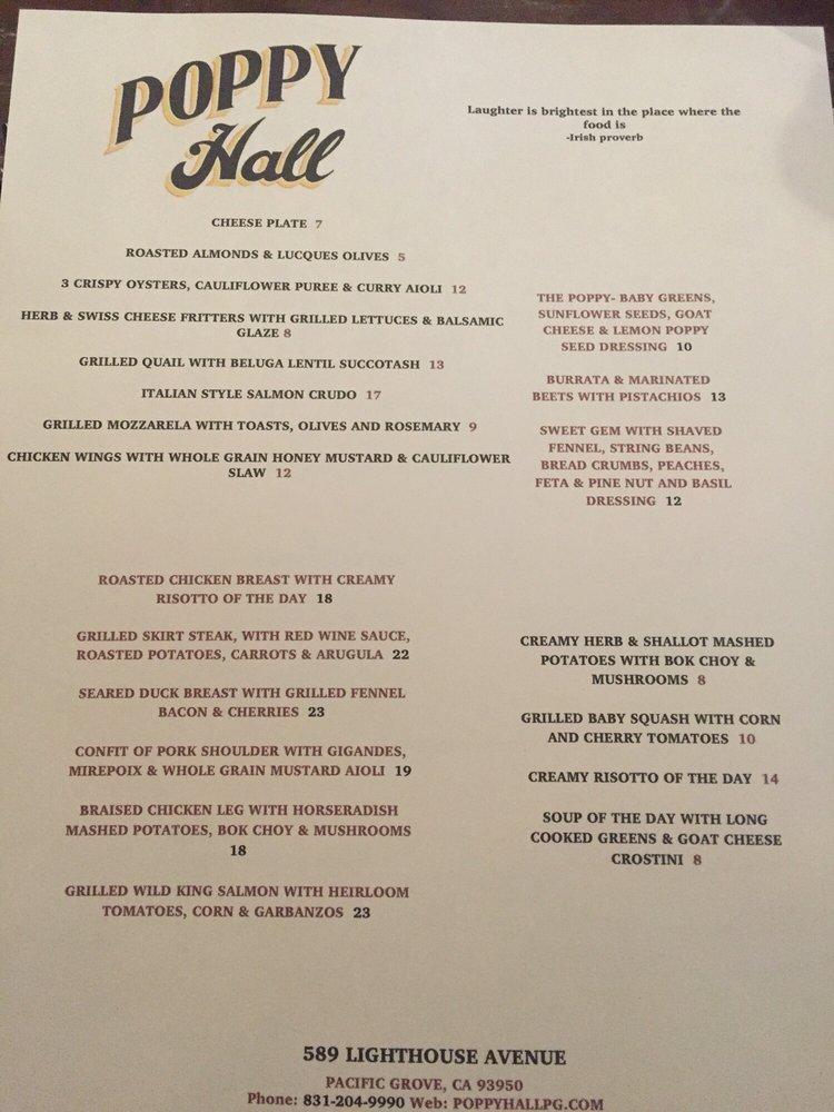 Menu at Poppy Hall restaurant, Pacific Grove