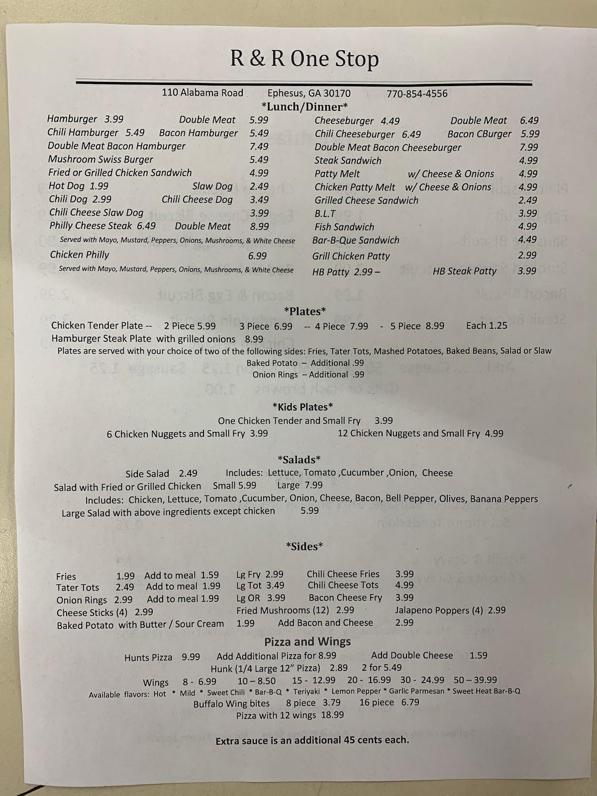 Menu at R & R One Stop restaurant, Ephesus