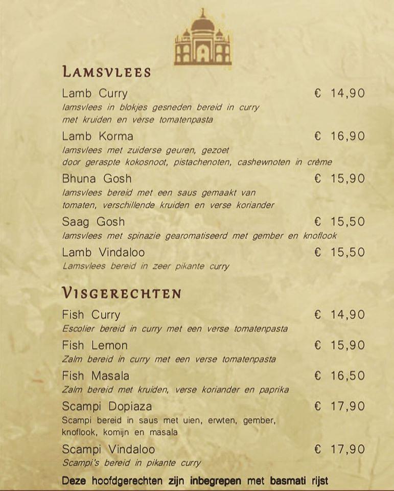 Menu at Royal India, Sint-Truiden
