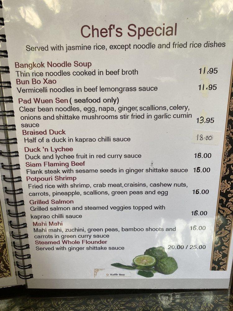 Menu at Rutherford Thai restaurant, Rutherfordton