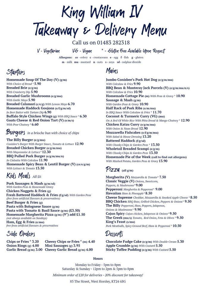 Menu at The King William Ⅳ Pub, East Horsley