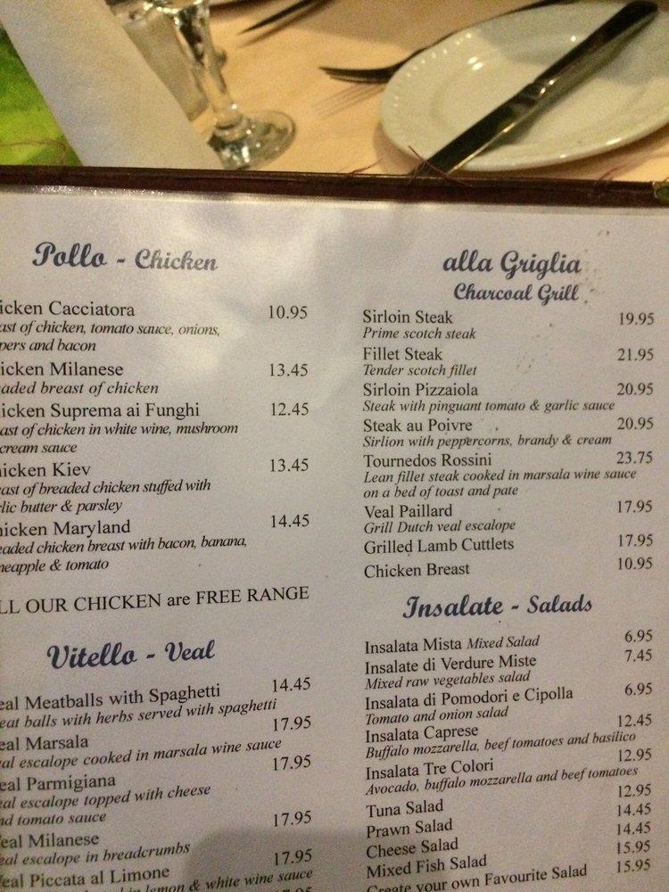 Menu at Trattoria Verdi restaurant, London