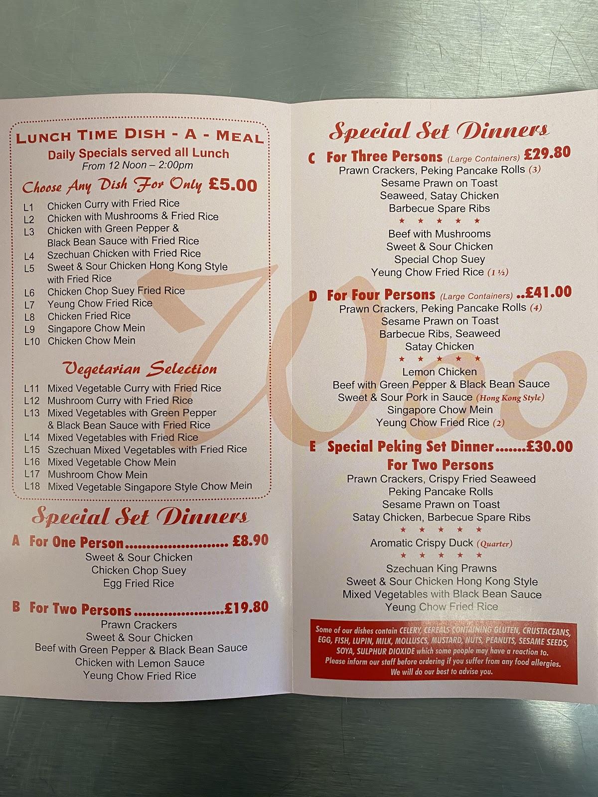 Menu at Woo’s Takeaway fast food, Basingstoke