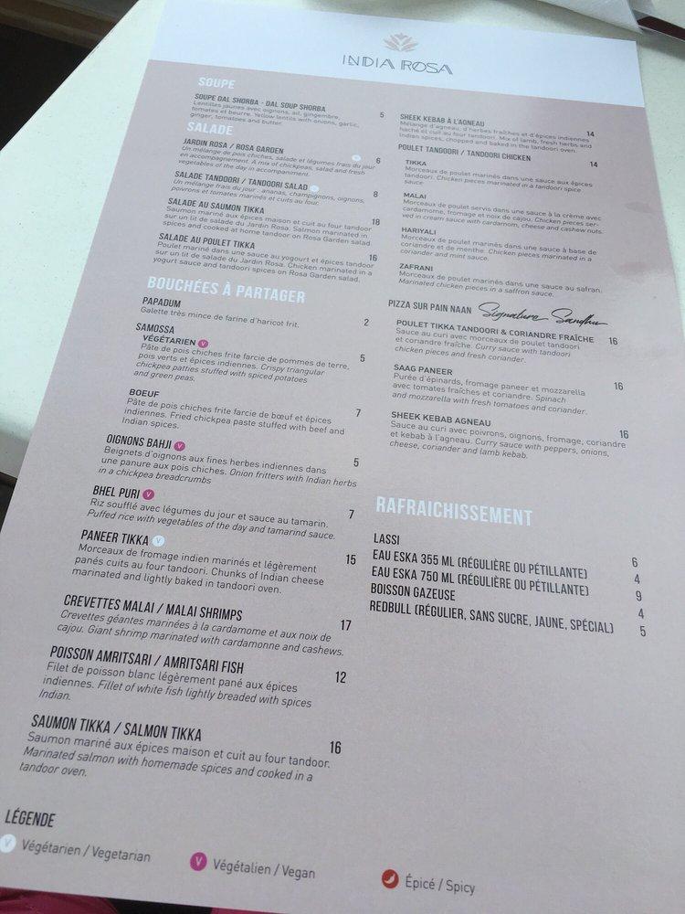 Carta del pub y bar India Rosa, Montréal