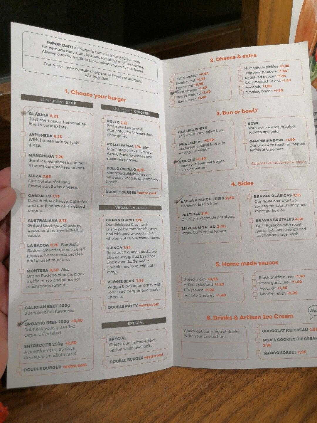 Menu at Bacoa Burger restaurant, Madrid, Carrera de S. Jerónimo