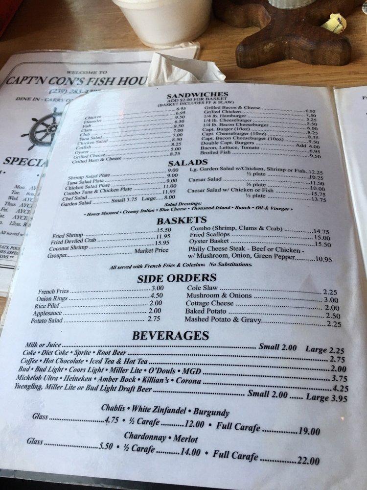 Menu at Capt'n Con's Fish House restaurant, Bokeelia