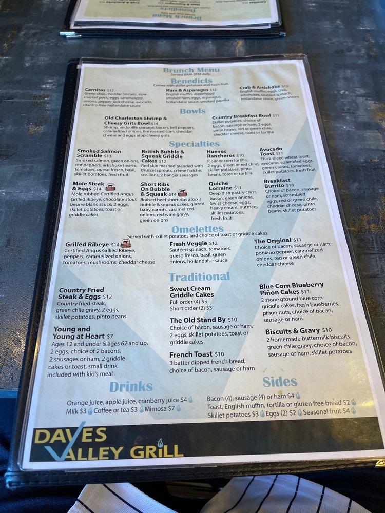 Menu at Dave's Valley Grill cafe, Los Ranchos de Albuquerque