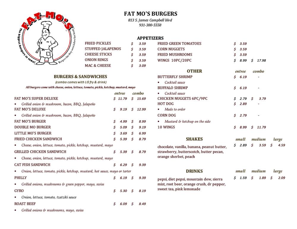 Menu at Fat Mo's restaurant, Columbia