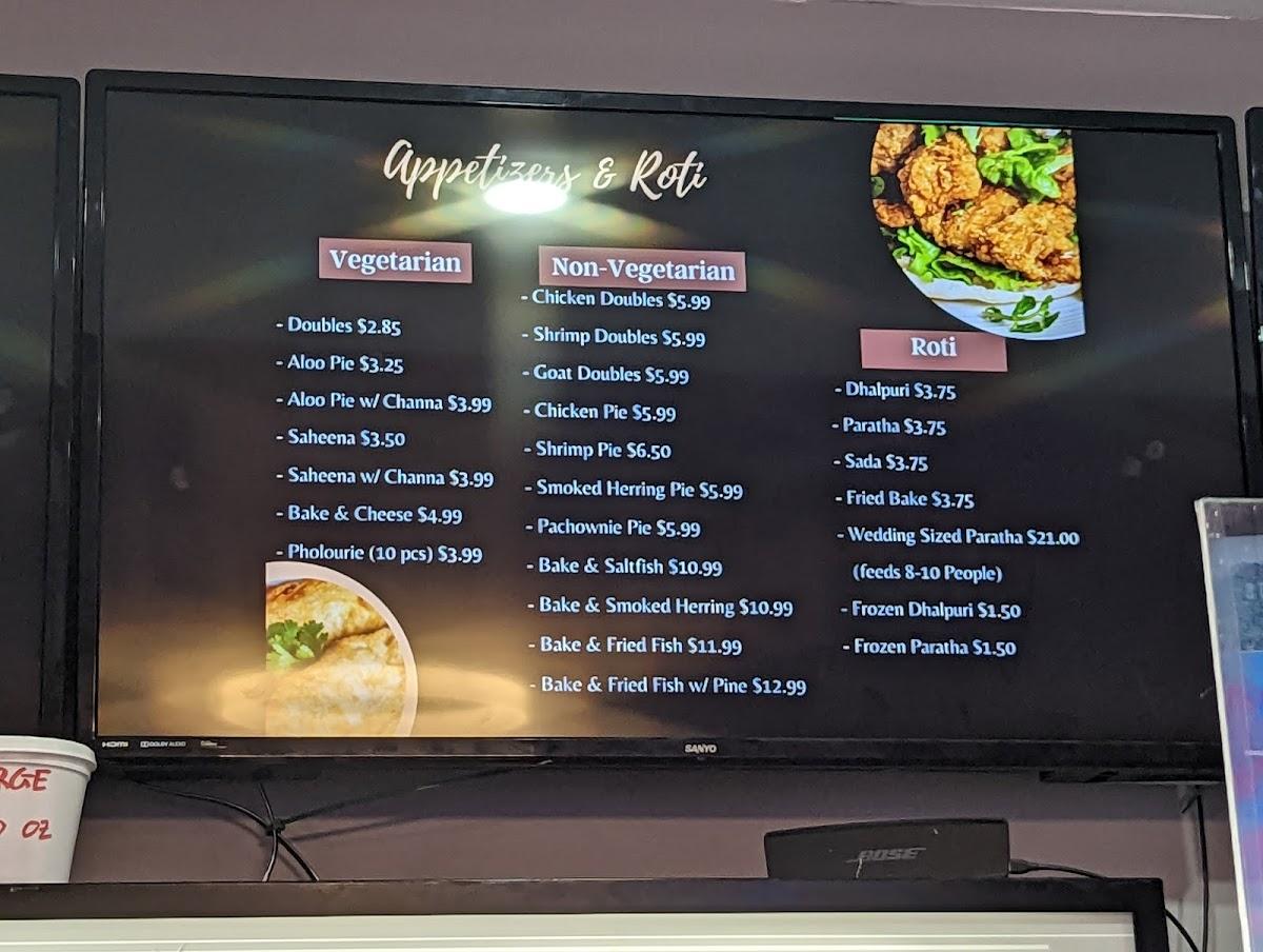 Menu at Nadia’s Roti & Doubles restaurant, Toronto