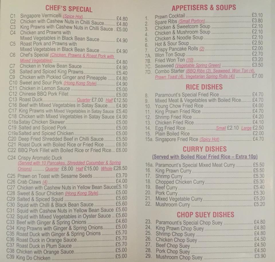 Menu at Paramount Chinese restaurant, Bideford
