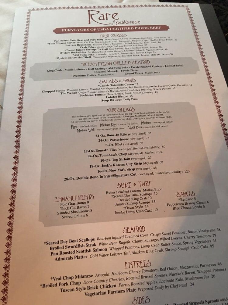 Menu at Rare Steakhouse, Milwaukee