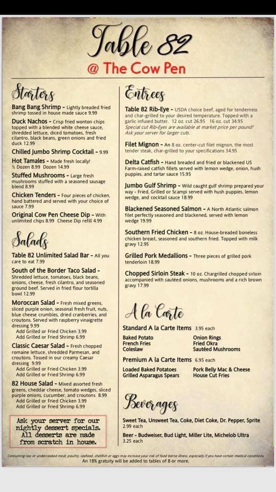 Menu at Table 82 @ The Cow Pen steakhouse, USA