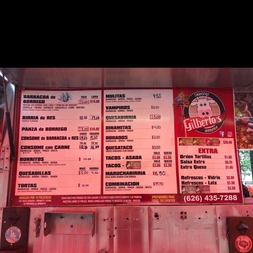 Menu at Taquizas Gilberto restaurant, La Puente, Francisquito Ave