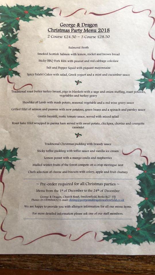 Menu at The George & Dragon pub & bar, Reading, Church Rd