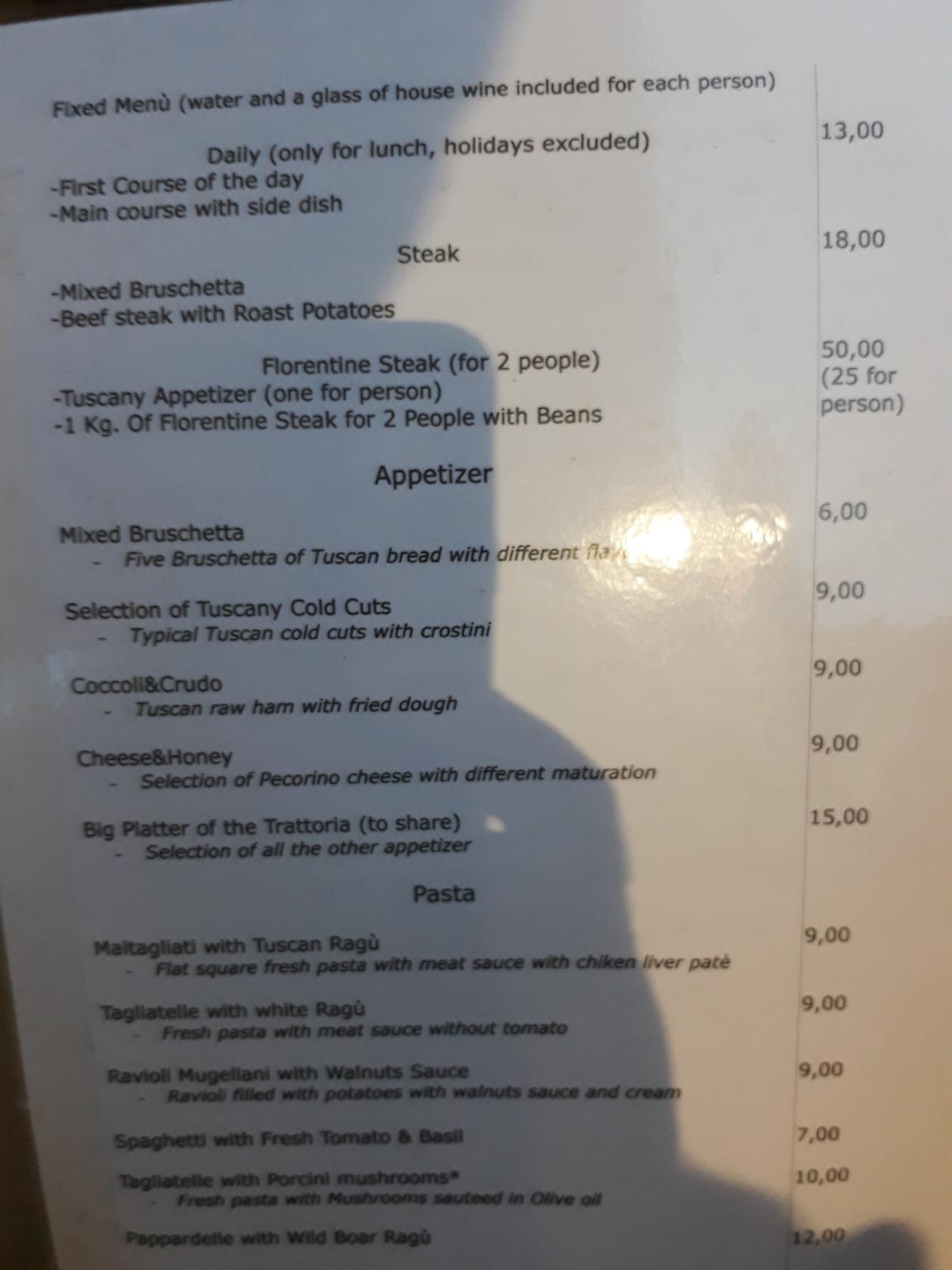 Menu at Trattoria Da Gina restaurant, Montecatini Terme, Via Puglie