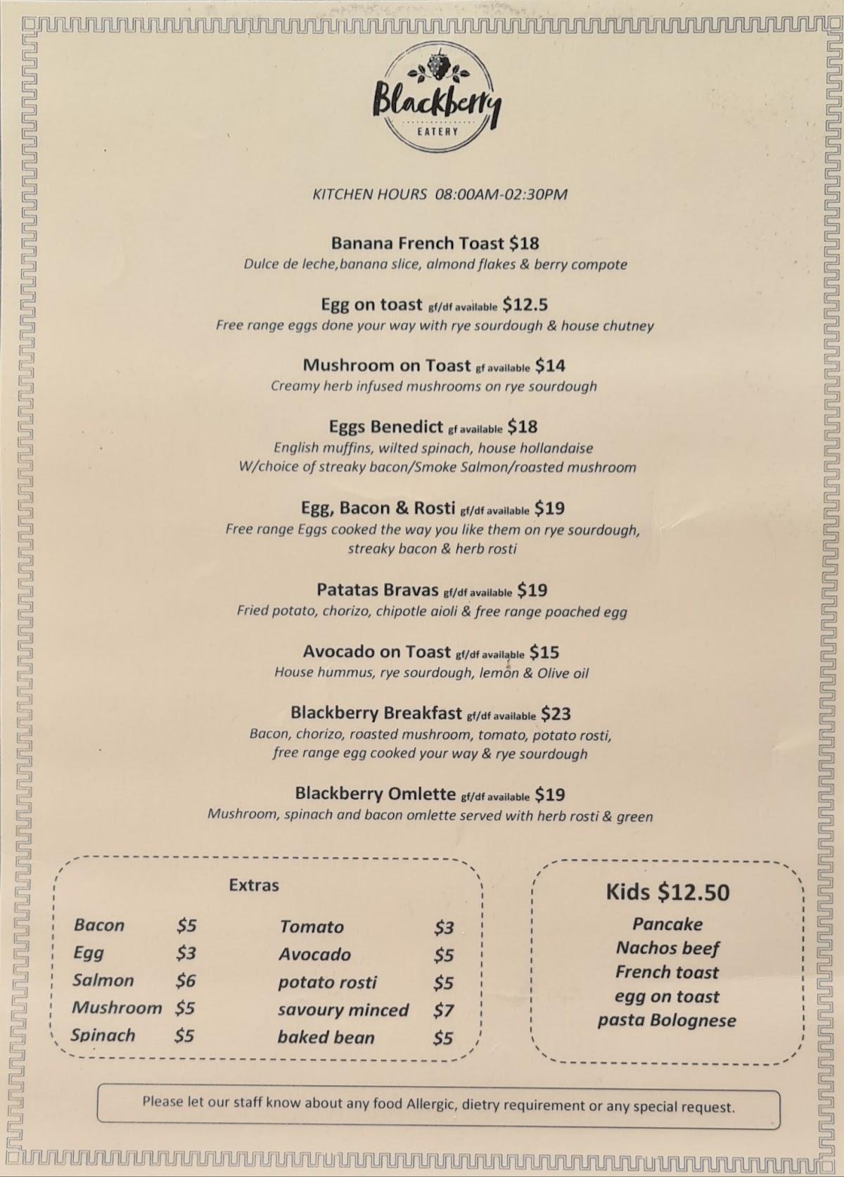 Menu at Blackberry eatery (breakfast lunch dinner) cafe, Papamoa