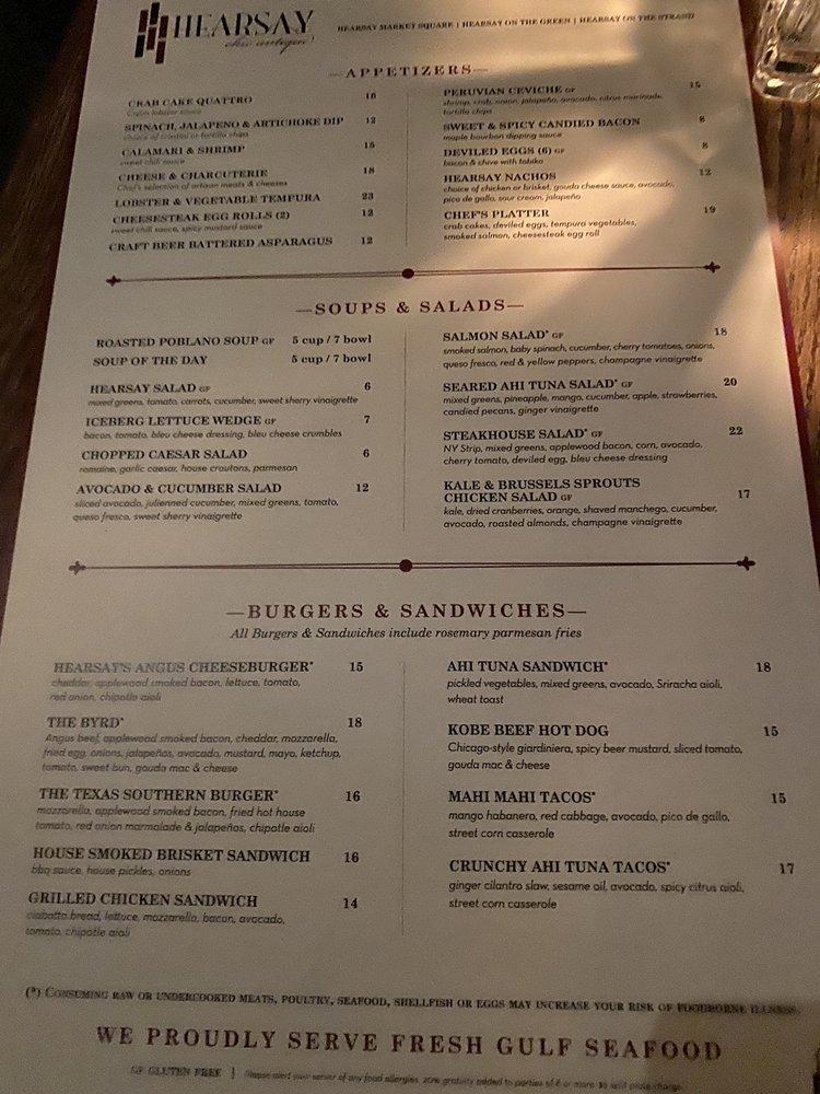 Menu at Hearsay Market Square restaurant, Houston