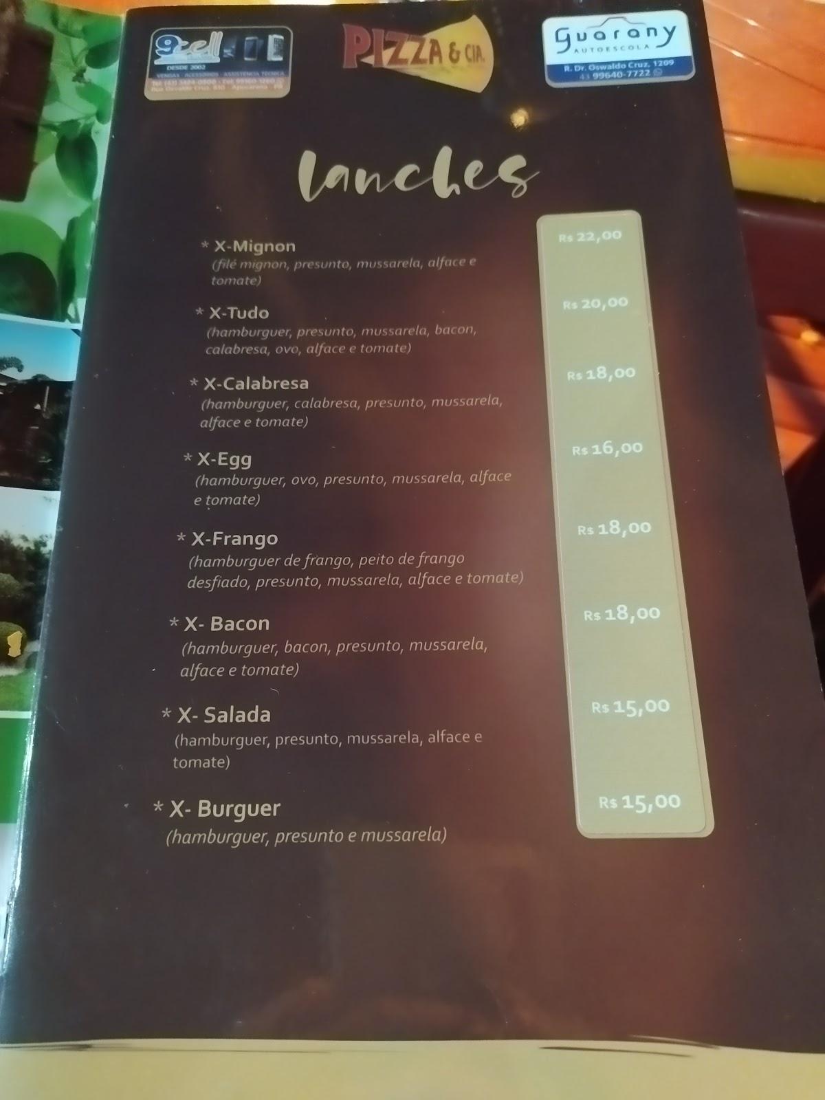 Menu em Pizza & Cia restaurante, Apucarana