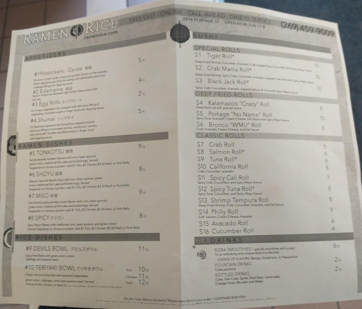 Menu at Ramen and Rice restaurant, Kalamazoo