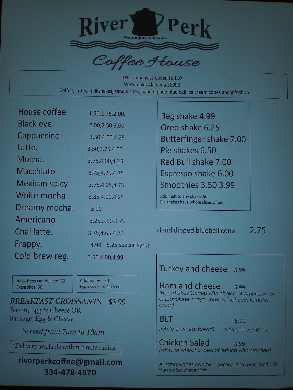 Menu at River Perk cafe, Wetumpka