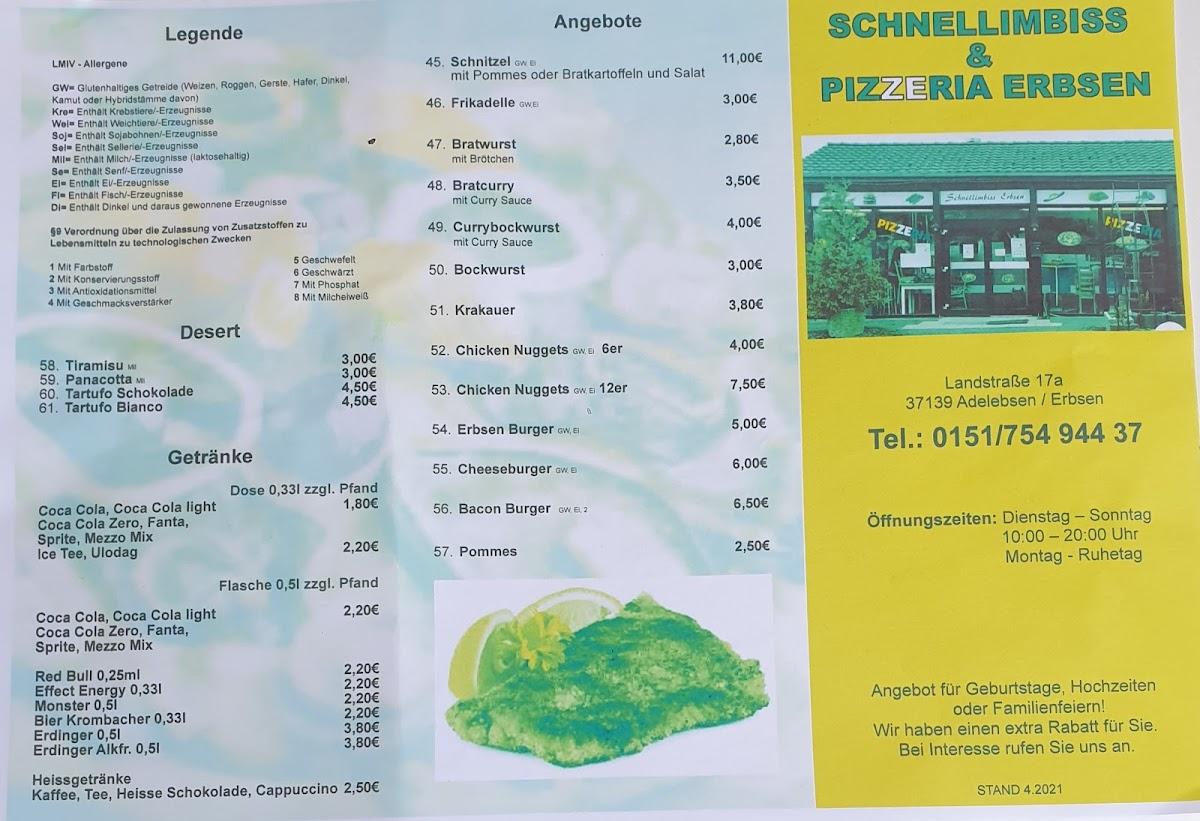 Speisekarte von Schnellimbiss & Pizzeria Erbsen, Adelebsen
