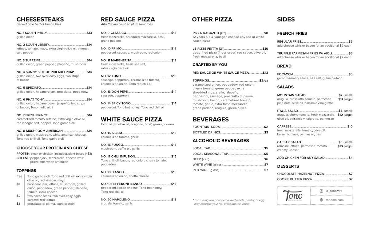 Menu at Tono Pizzeria + Cheesesteaks, Maplewood