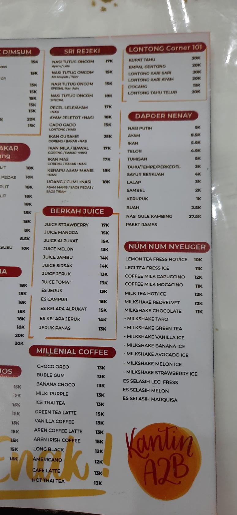 Menu at A2B foodcourt restaurant, Bandung