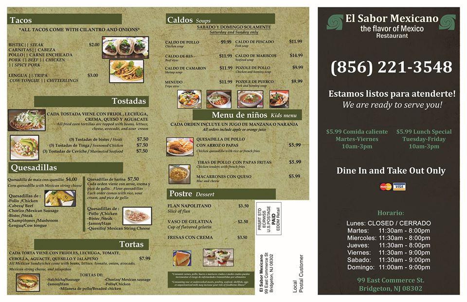 Menu at El Sabor Mexicano restaurant, Bridgeton