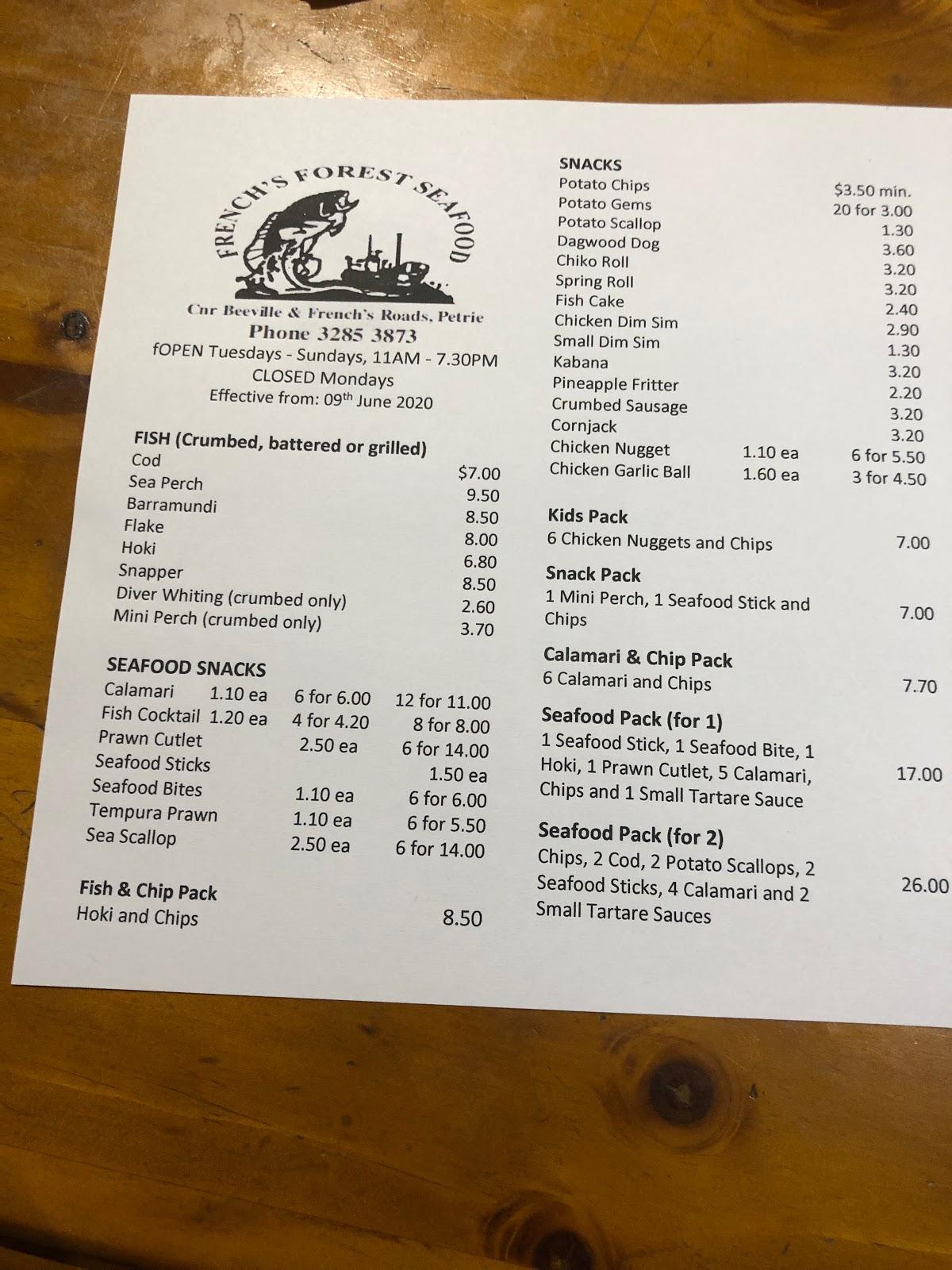 Menu at French's Forest Seafood and Takeaway restaurant, Petrie