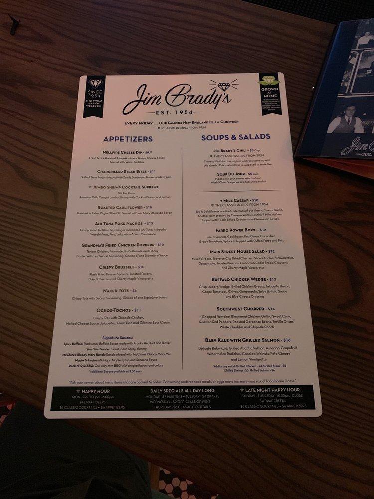 Menu at Jim Brady's Ann Arbor restaurant, Ann Arbor