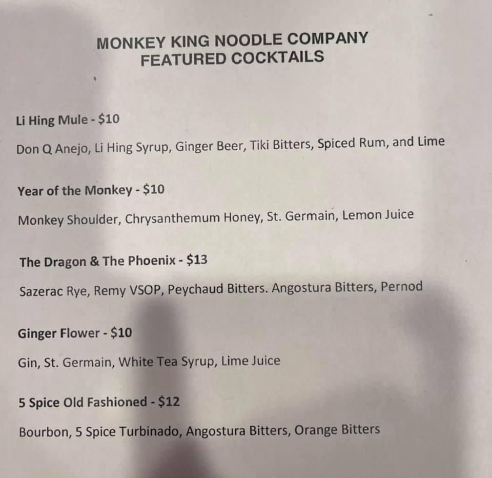 Menu at Monkey King Noodle restaurant, Dallas, 2933 Main St