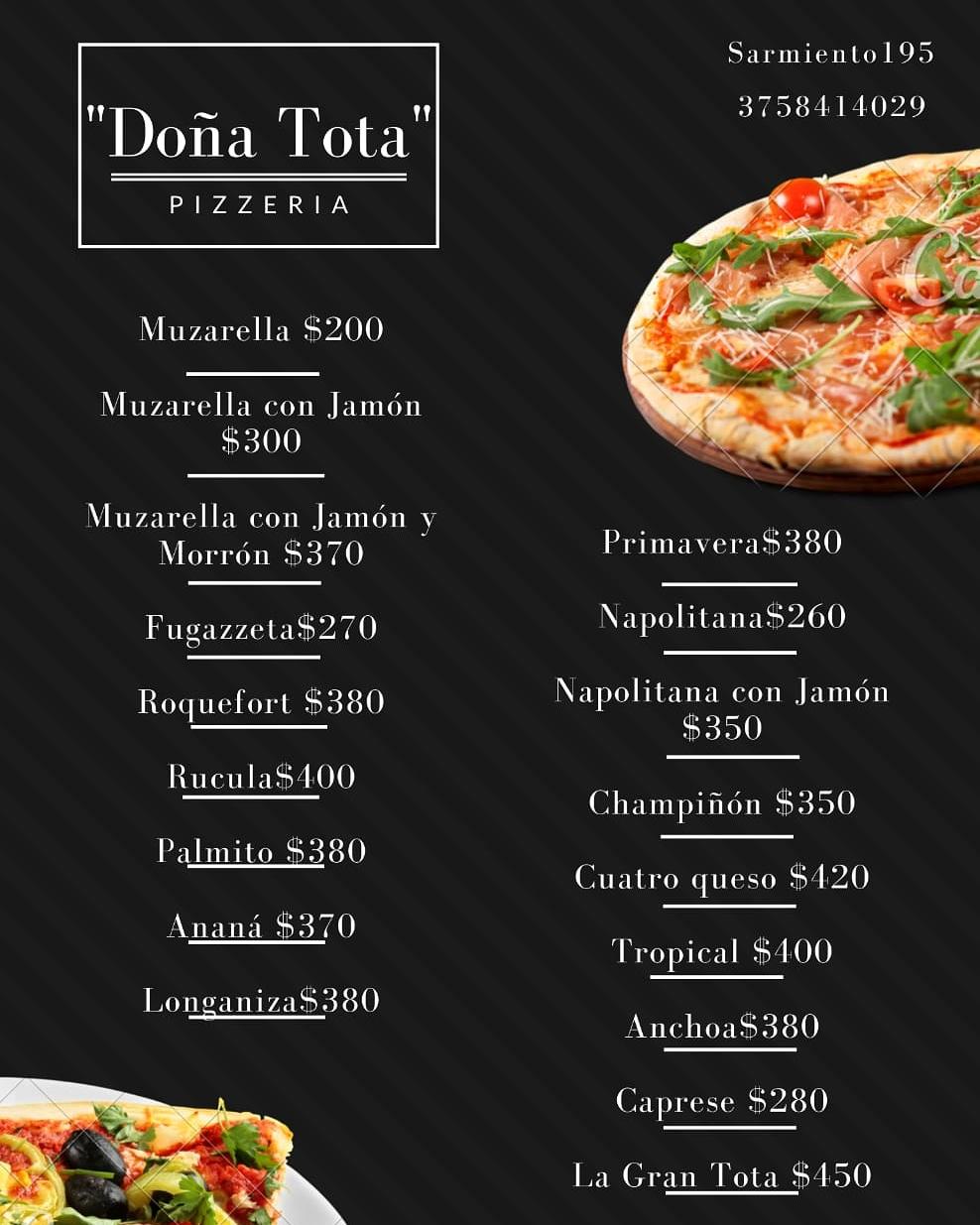 Menu at Pizzeria DOÑA TOTA, Apóstoles