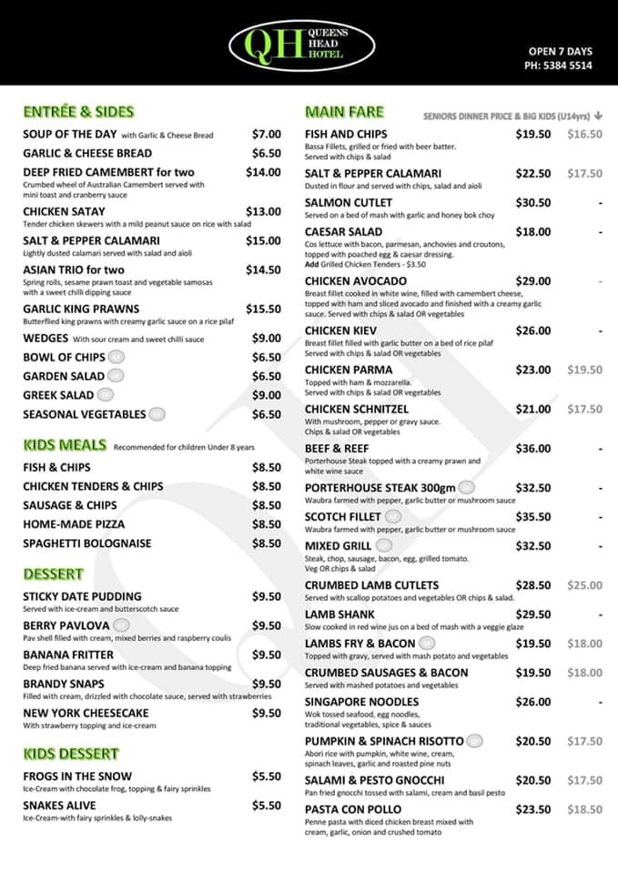 Menu at Queens Head Hotel pub & bar, Ballarat East, 146 Humffray St N