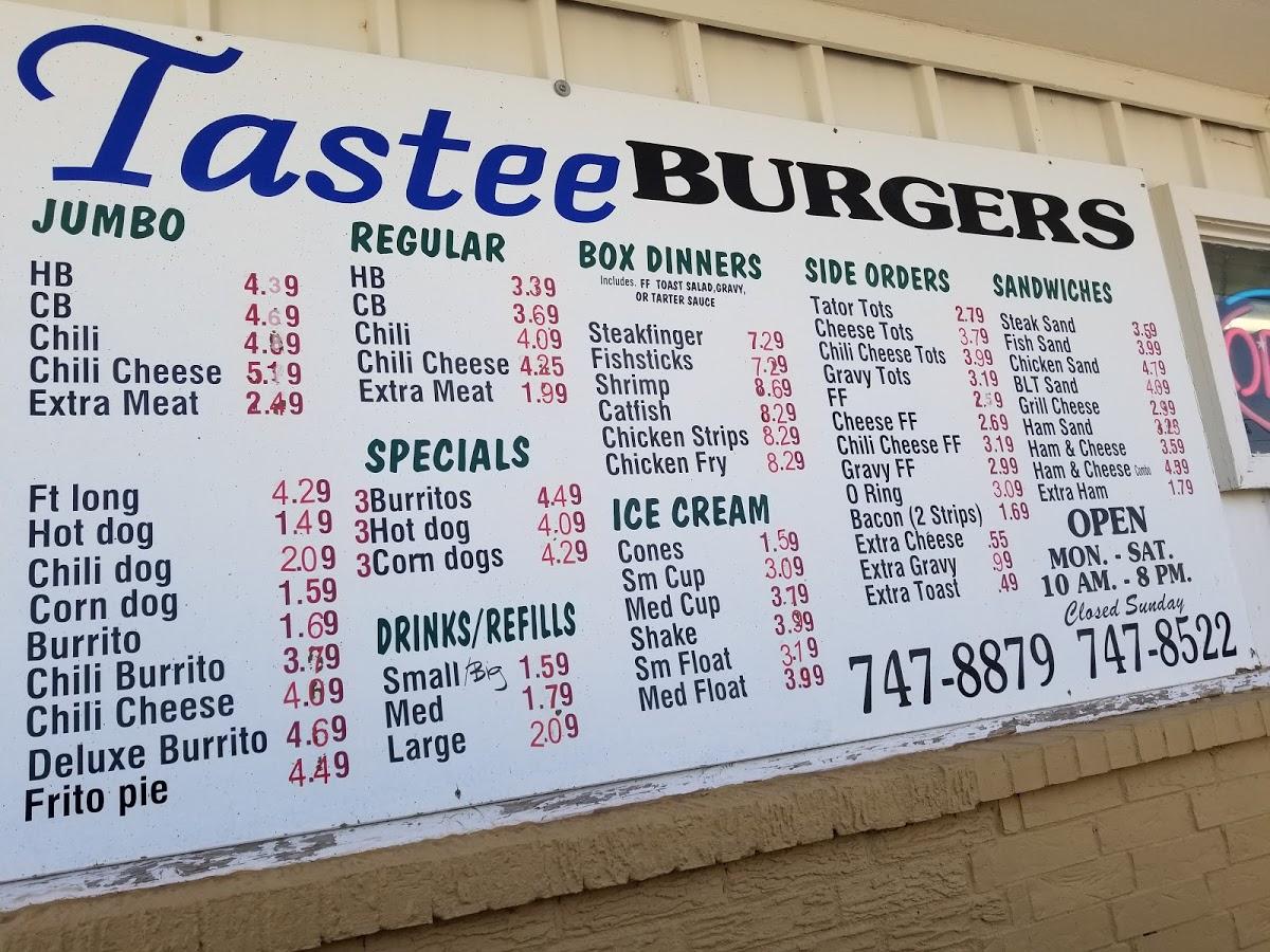 Menu at Tastee Burgers restaurant, Lubbock