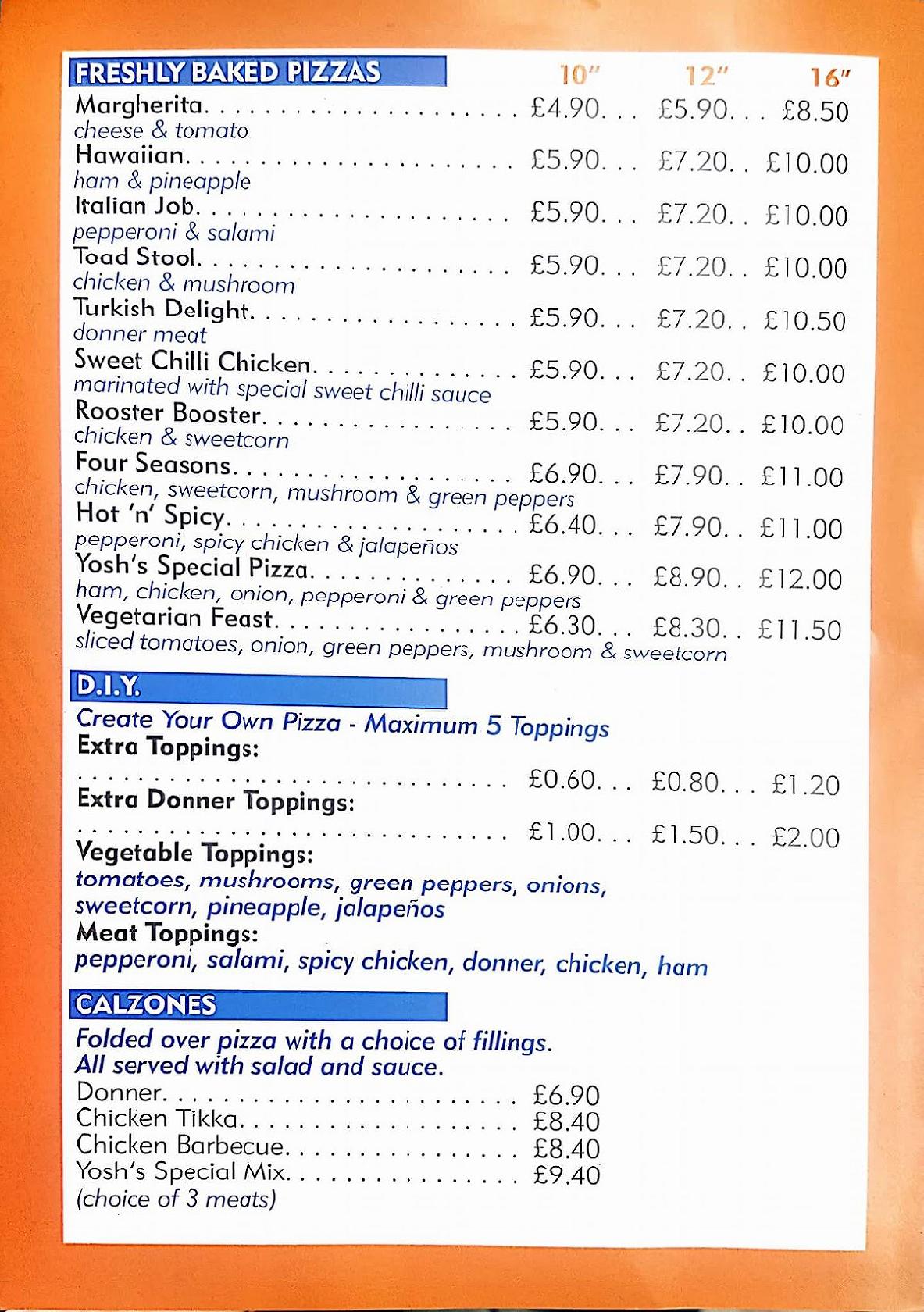 Menu at Yosh Kebab restaurant, Bathgate