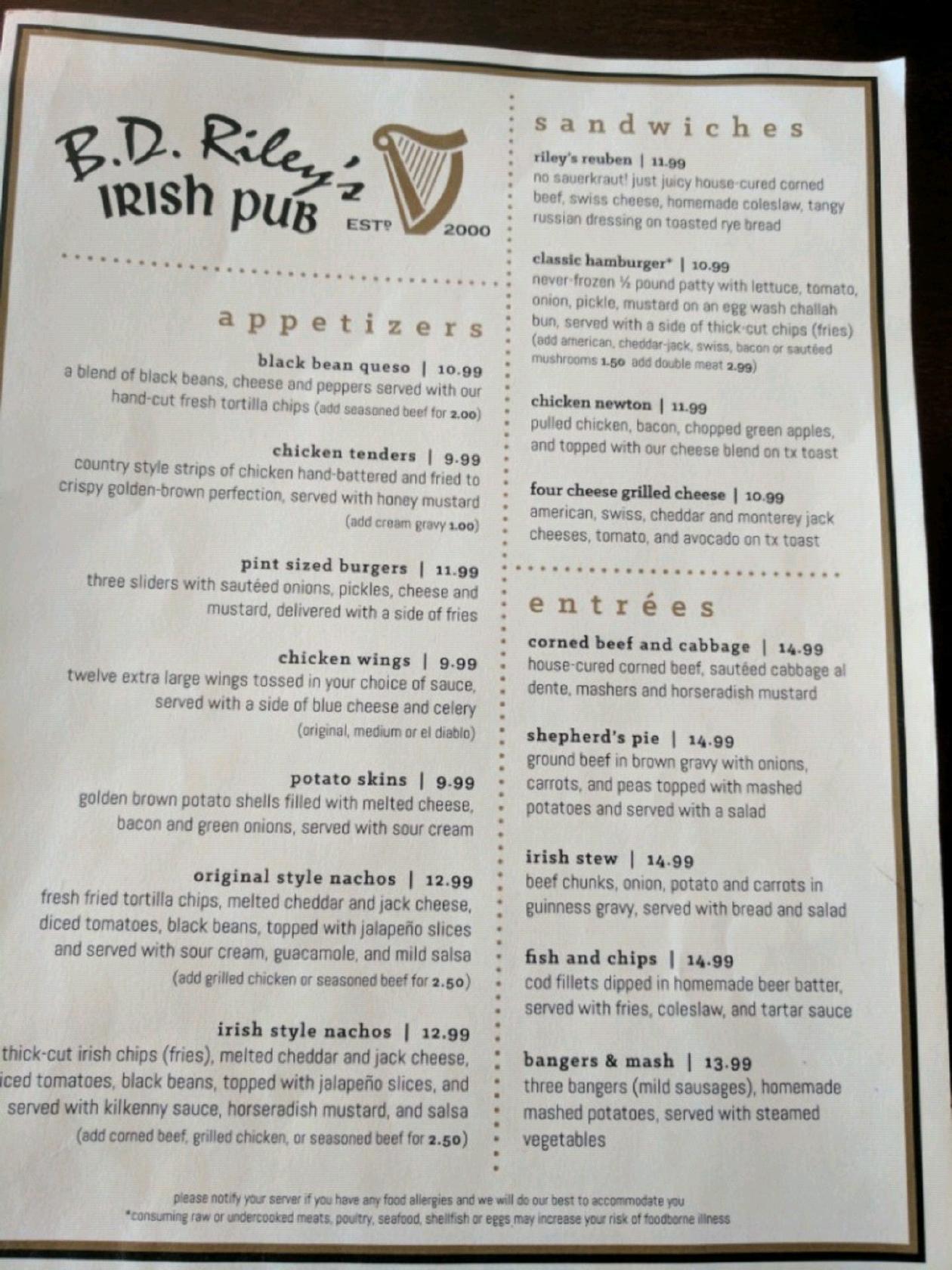 Menu at B.D. Riley's Irish Pub at Mueller, Austin