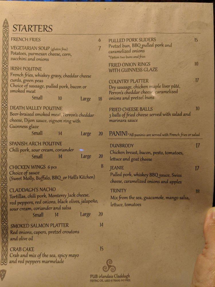 Carta de CLADDAGH - PUB IRLANDAIS, Quebec