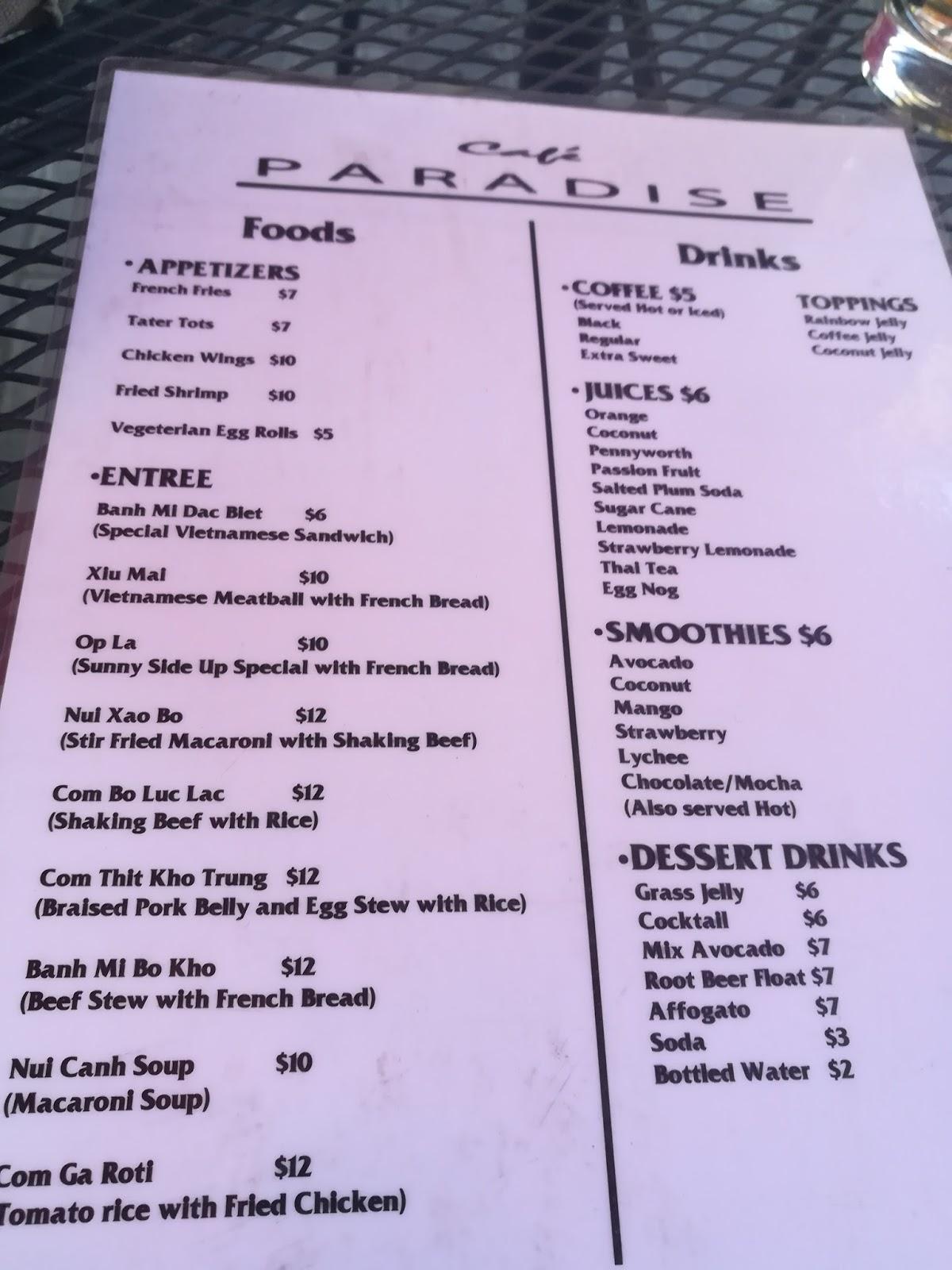 Menu at Cafe Paradise, San Jose, Monterey Hwy