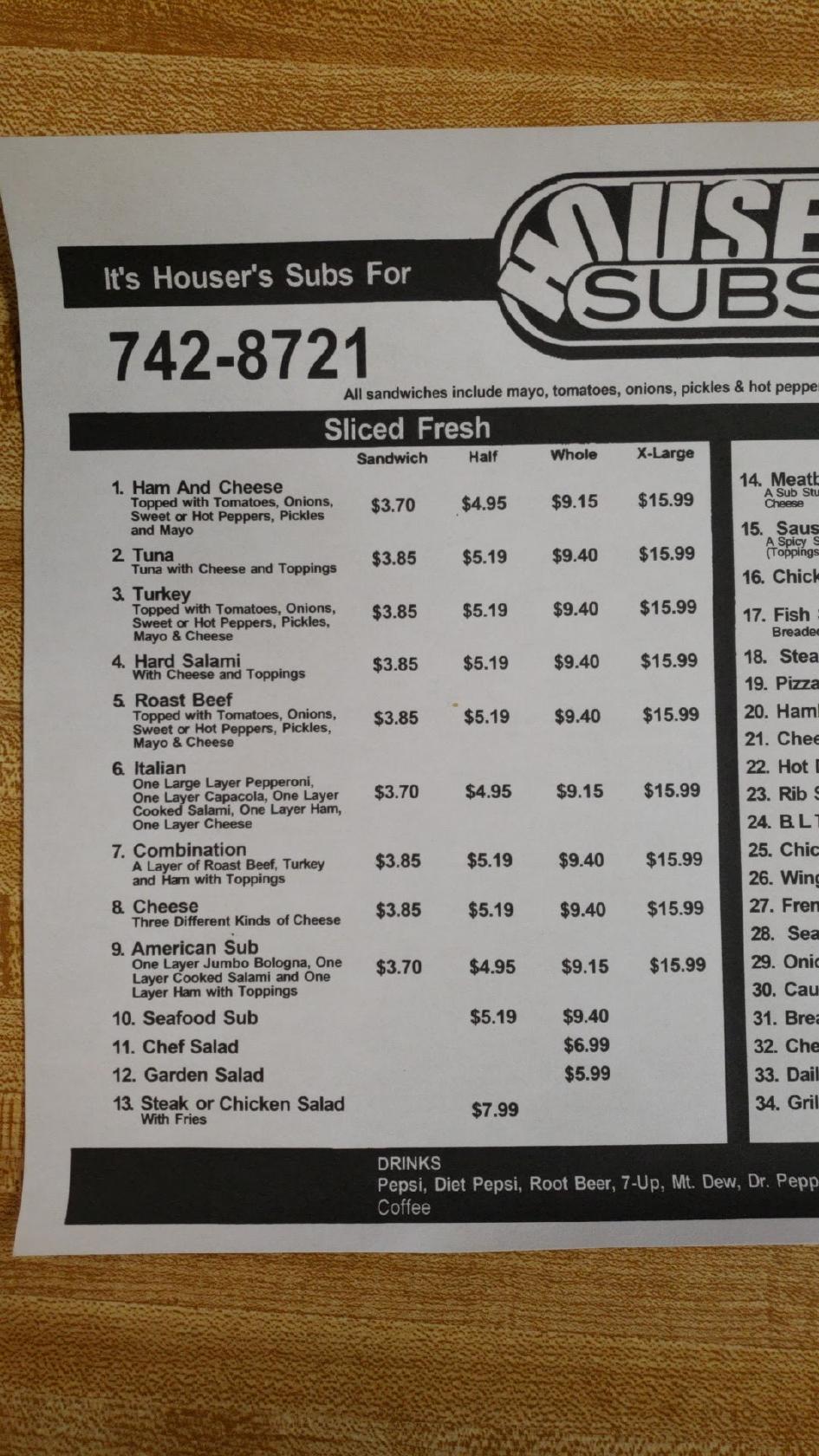 Menu at Houser Subs restaurant, Bellwood