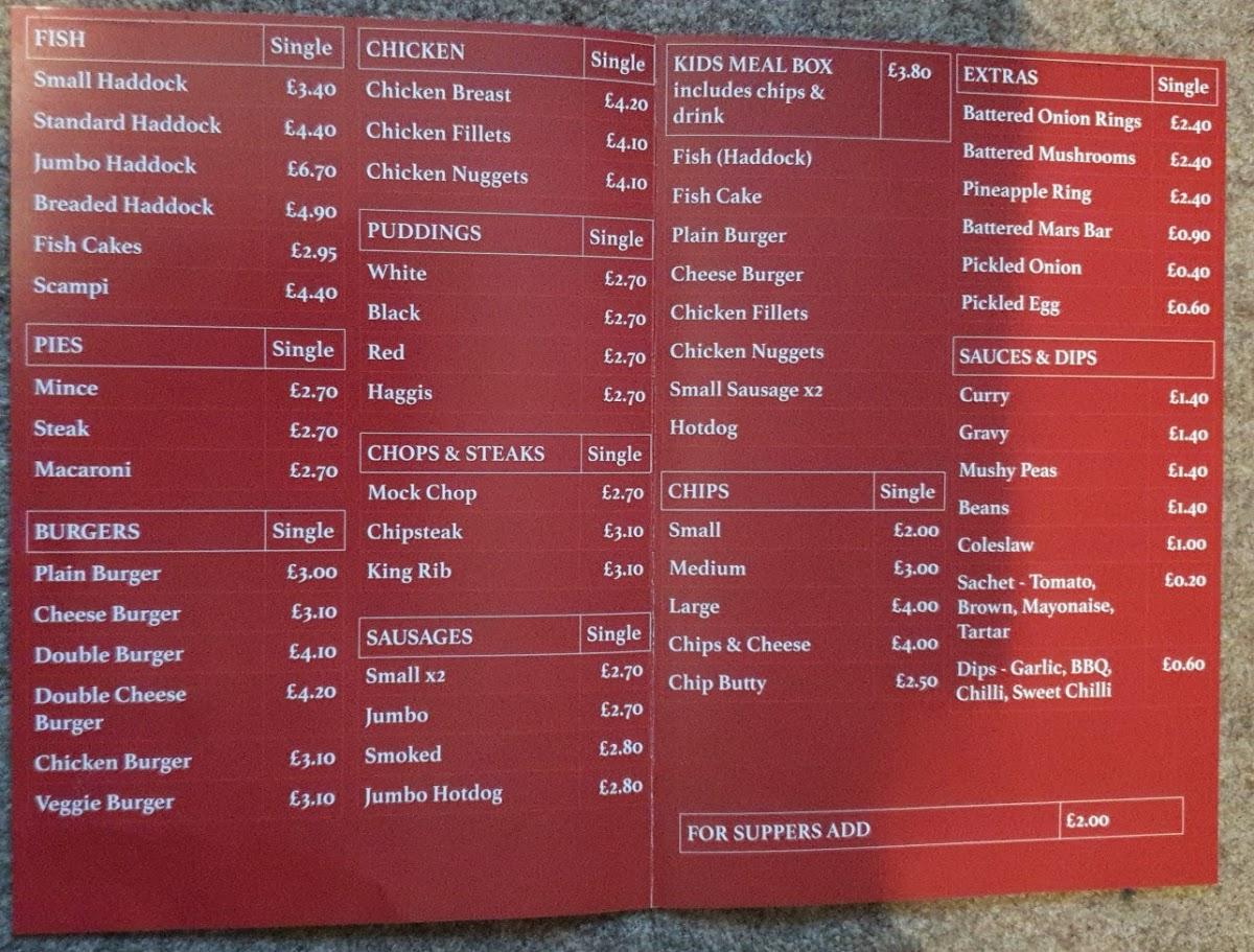 Menu at Kintore Fish Bar, Kintore