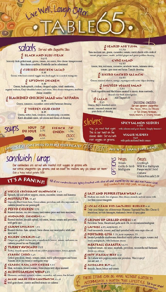 Menu at Table 65 Bistro and Gelato Cafe, New Richmond