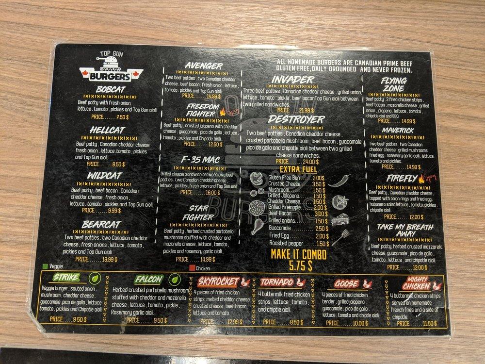 Menu at Top Gun Burger restaurant, Vaughan
