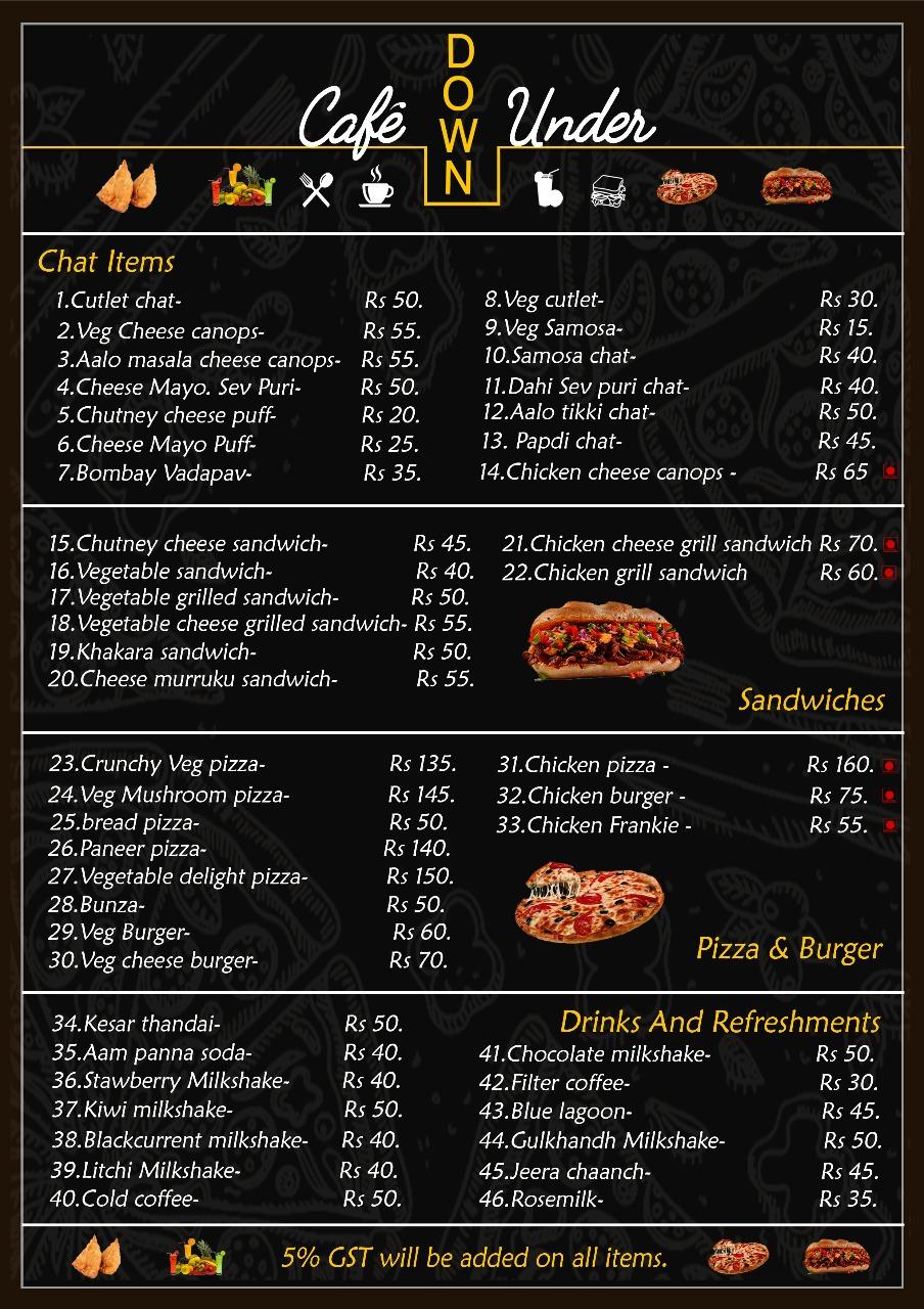 Menu at CAFE' DOWN UNDER, Port Blair